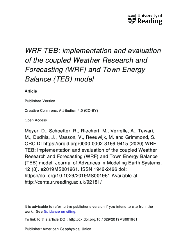 (PDF) WRF‐TEB: Implementation and Evaluation of the Coupled Weather ...