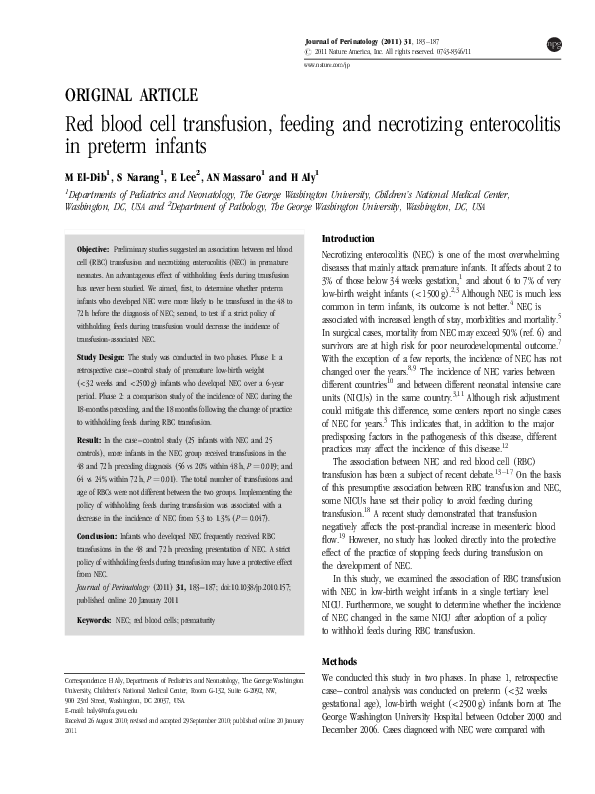 (PDF) Red blood cell transfusion, feeding and necrotizing enterocolitis ...