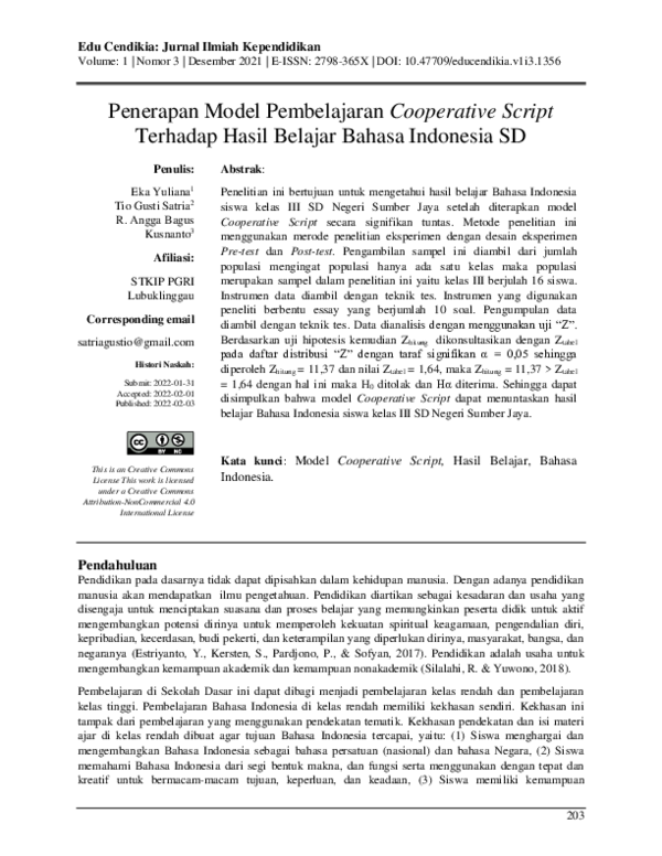 (PDF) Penerapan Model Pembelajaran Cooperative Script Terhadap Hasil Belajar Bahasa Indonesia SD