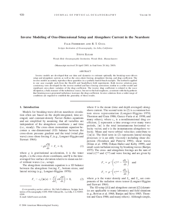 (PDF) Inverse Modeling of One-Dimensional Setup and Alongshore Current ...