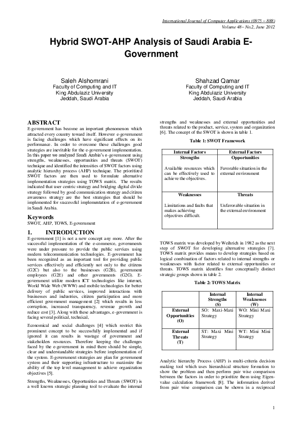 (PDF) Hybrid SWOT-AHP Analysis of Saudi Arabia E-Government