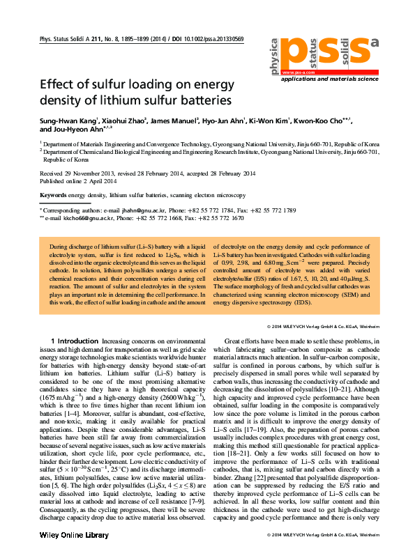 (PDF) Effect of sulfur loading on energy density of lithium sulfur ...