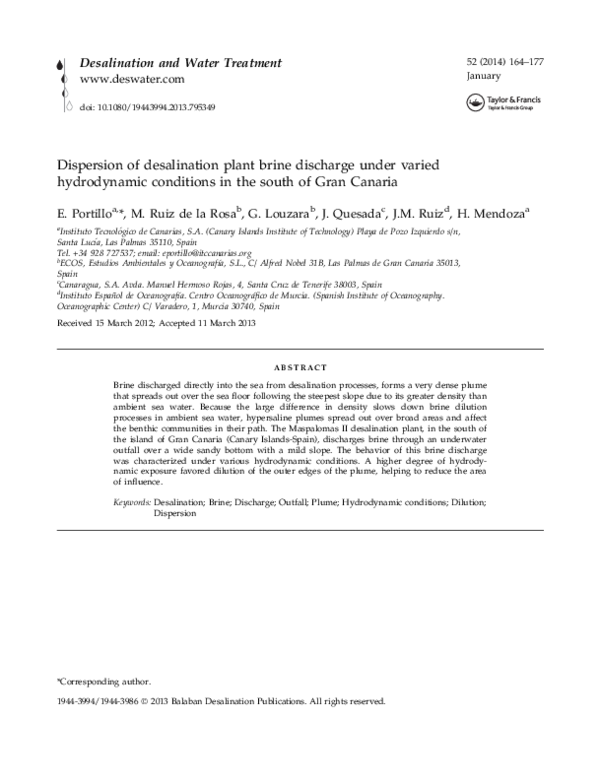 (PDF) Dispersion of desalination plant brine discharge under varied ...
