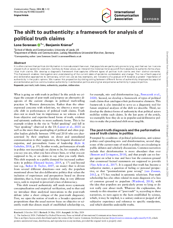 (PDF) The shift to authenticity: a framework for analysis of political ...
