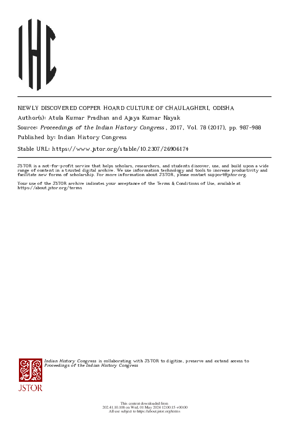 (PDF) NEWLY DISCOVERED COPPER HOARD CULTURE OF CHAULAGHERI ODISHA