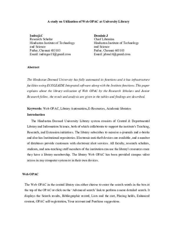 (PDF) A study on Utilization of Web OPAC at University Library