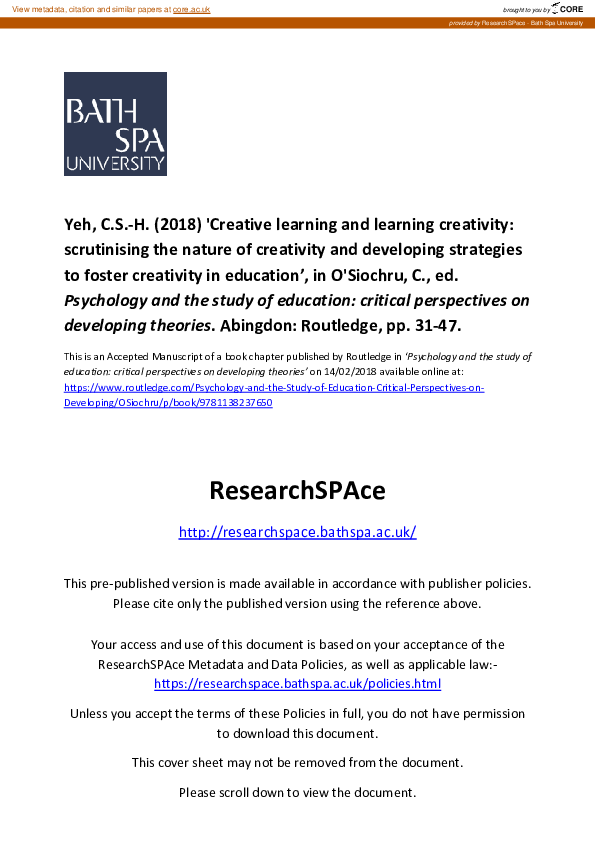 (PDF) Creative learning and learning creativity: scrutinising the nature of creativity and ...