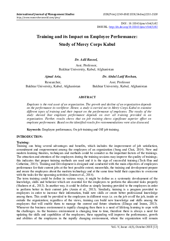 (PDF) Training and its Impact on Employee Performance: Study of Mercy Corps Kabul | Ajmal Aria ...