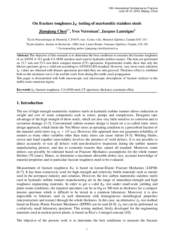 (PDF) On fracture toughness JIC testing of martensitic stainless steels