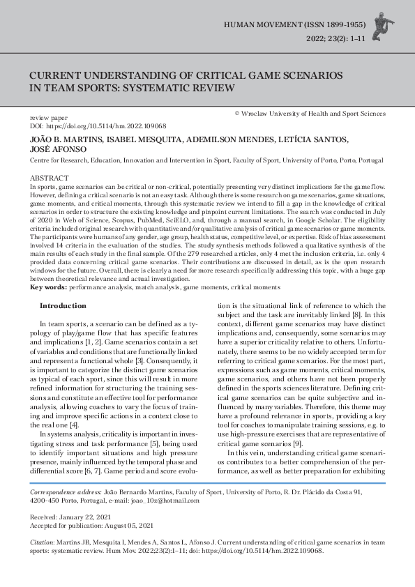 (PDF) Current understanding of critical game scenarios in team sports ...