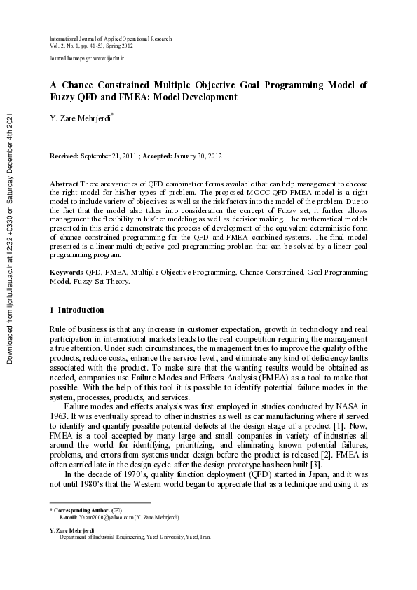 (PDF) A Chance Constrained Multiple Objective Goal Programming Model of Fuzzy QFD and FMEA ...