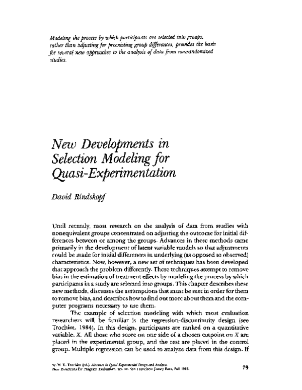 (PDF) New developments in selection modeling for quasi‐experimentation