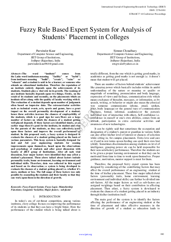(PDF) Fuzzy Rule Based Expert System for Analysis ofStudent's Placement ...