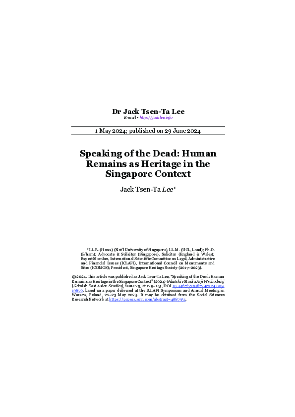(PDF) Speaking of the Dead: Human Remains as Heritage in the Singapore ...