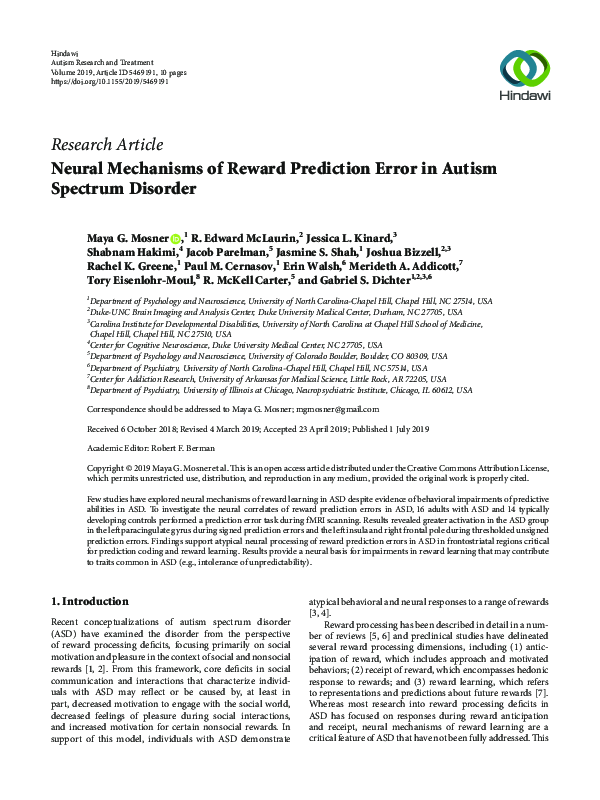 (PDF) Neural Mechanisms of Reward Prediction Error in Autism Spectrum ...