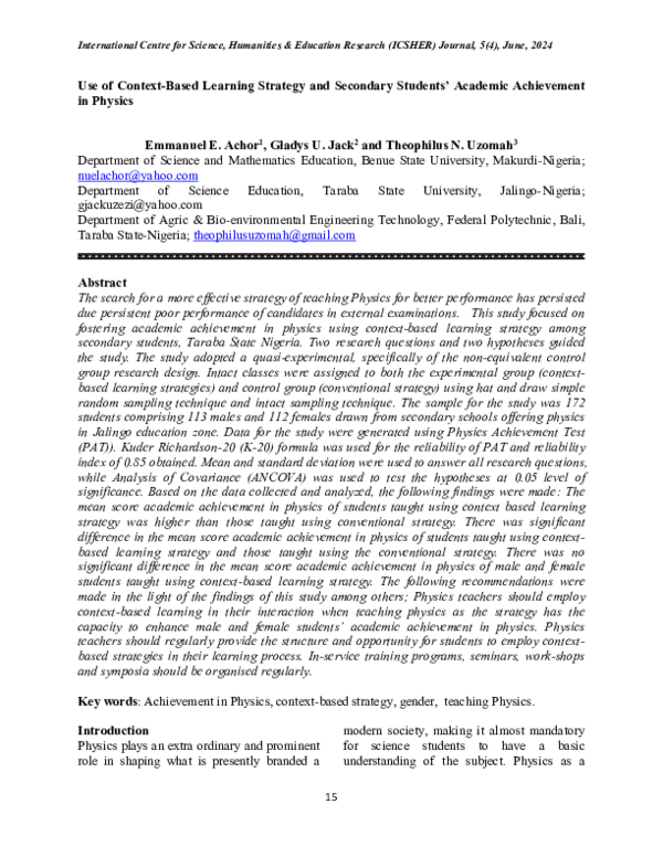 (PDF) Use of Context-Based Learning Strategy and Secondary Students ...