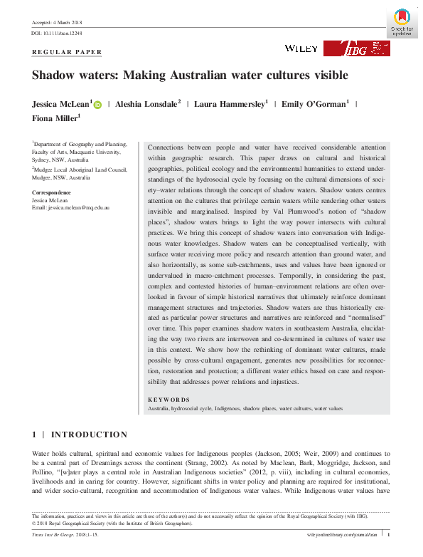 (PDF) Shadow waters: Making Australian water cultures visible | Laura Hammersley - Academia.edu