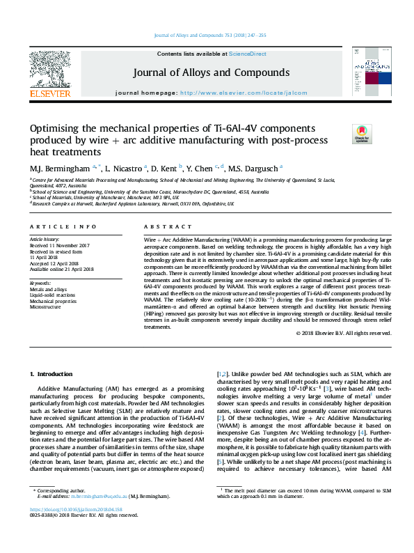(PDF) Optimising the mechanical properties of Ti-6Al-4V components produced by wire + arc ...