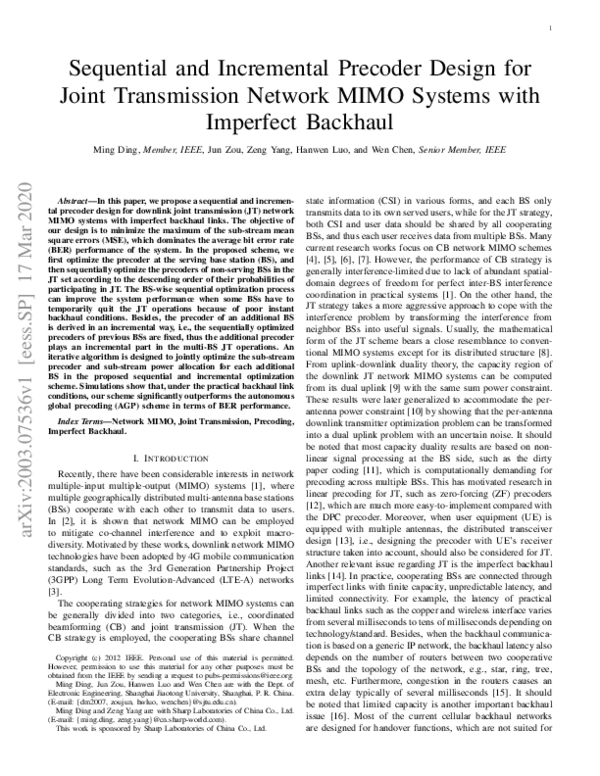 Pdf Sequential And Incremental Precoder Design For Joint Transmission Network Mimo Systems