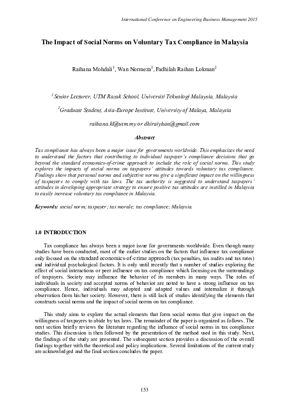 (PDF) The impact of social norms on voluntary tax compliance in Malaysia | Fadhilah Lokman ...