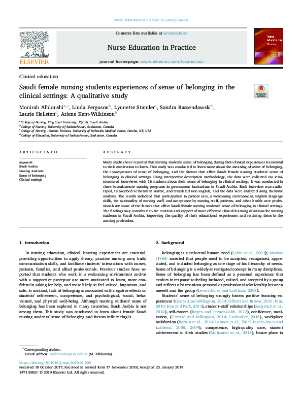(PDF) Saudi female nursing students experiences of sense of belonging in the clinical settings ...
