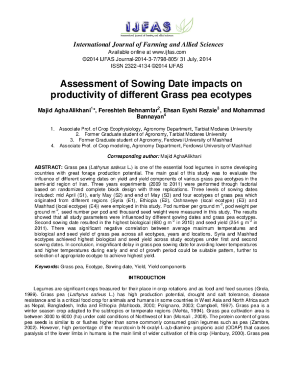 (PDF) Assessment of Sowing Date impacts on productivity of different ...
