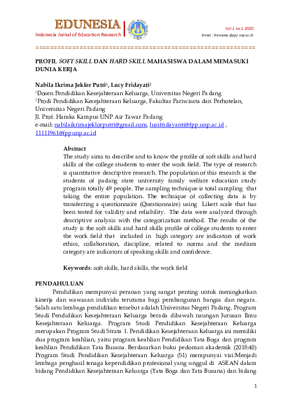 (PDF) Profil soft skill dan hard skill mahasiswa dalam memasuki dunia kerja