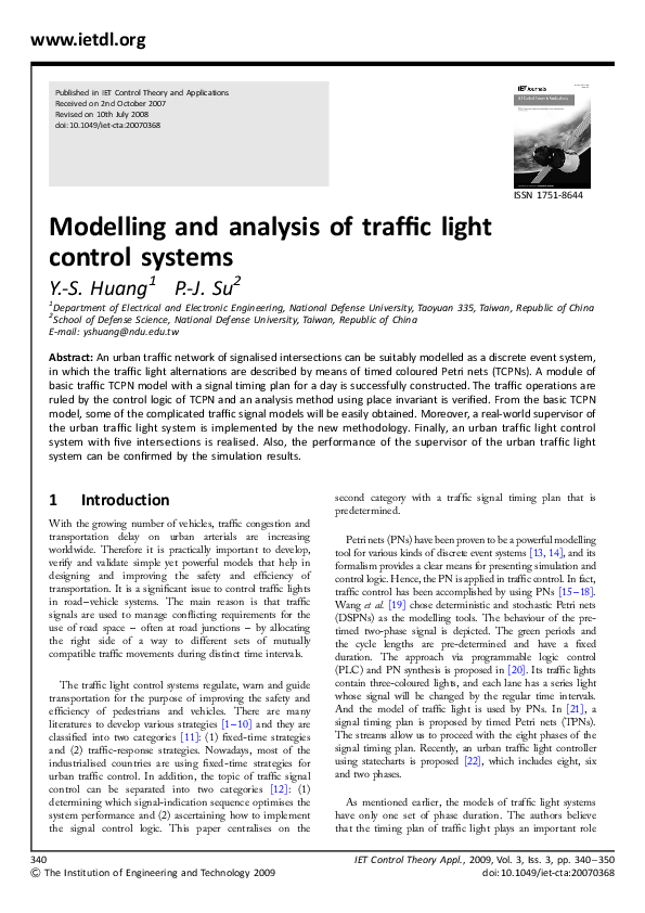 (PDF) Modelling and analysis of traffic light control systems