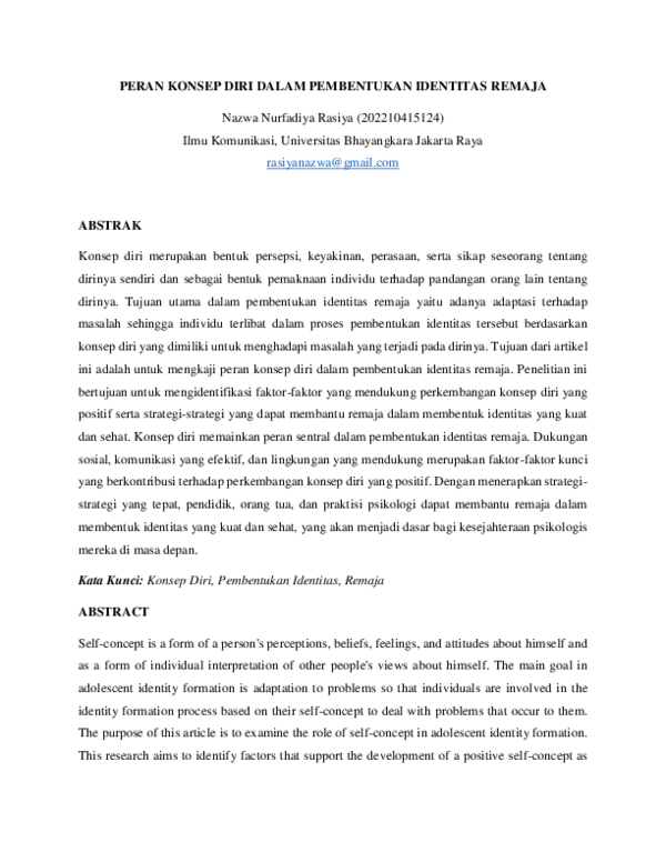 (PDF) PERAN KONSEP DIRI DALAM PEMBENTUKAN IDENTITAS REMAJA
