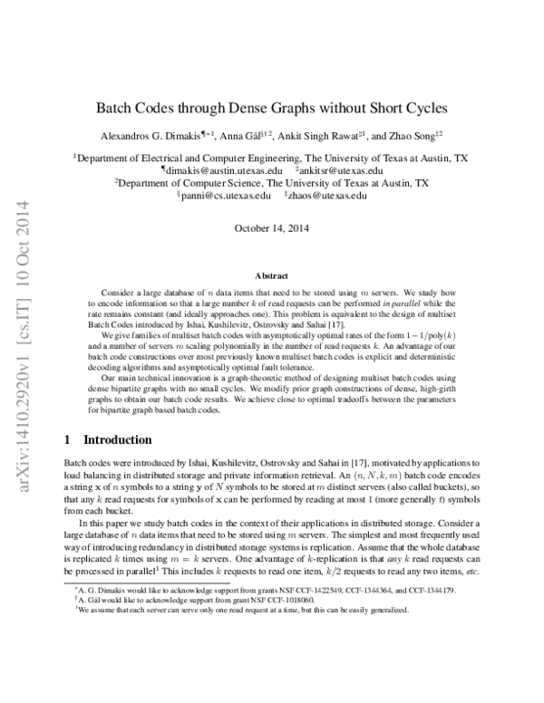(PDF) Batch codes through dense graphs without short cycles | As Rawat - Academia.edu