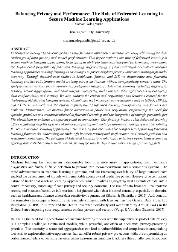 (PDF) Balancing Privacy and Performance The Role of Federated Learning in Secure Machine ...