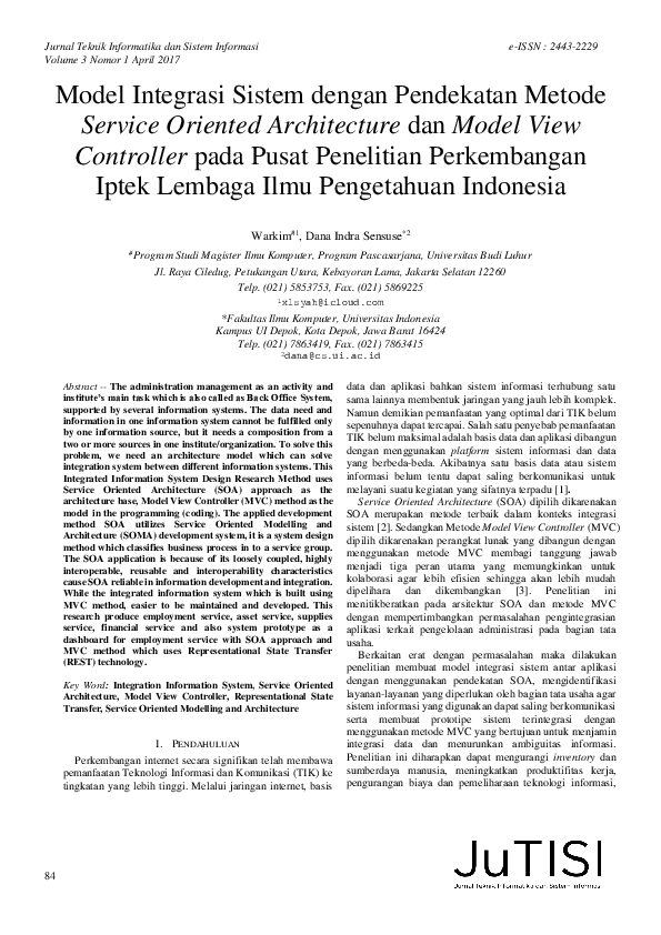 (PDF) Model Integrasi Sistem dengan Pendekatan Metode Service Oriented Architecture dan Model ...