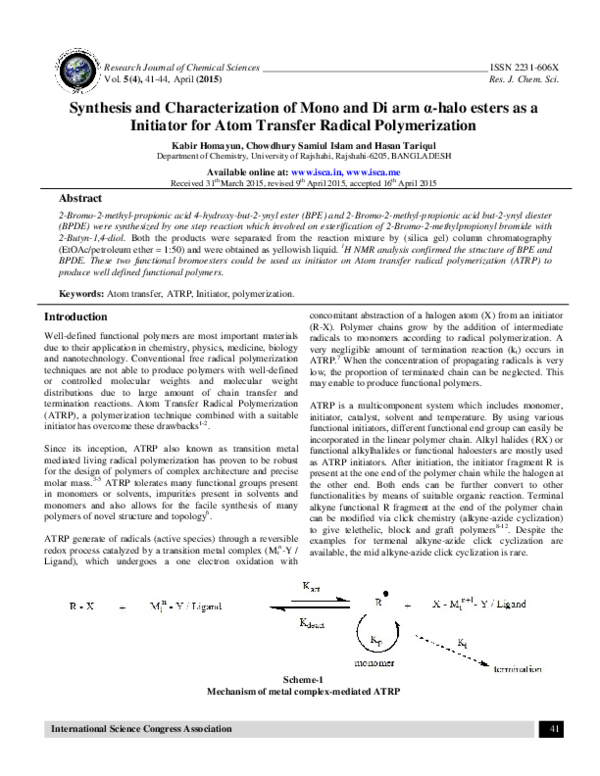 (PDF) Synthesis and Characterization of Mono and Di arm -halo esters as a Initiator for Atom ...