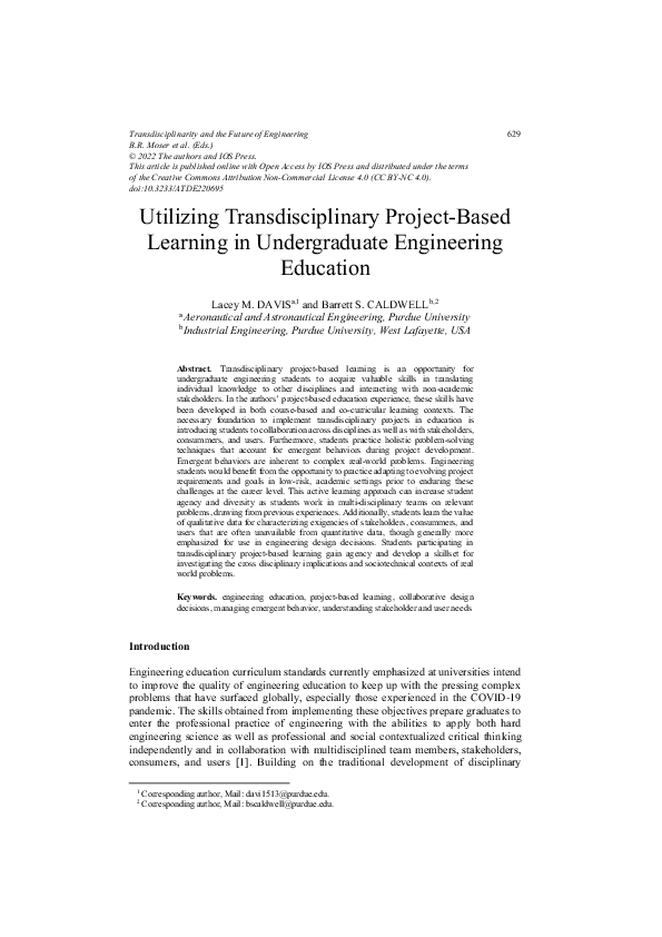 (PDF) Utilizing Transdisciplinary Project-Based Learning in Undergraduate Engineering Education