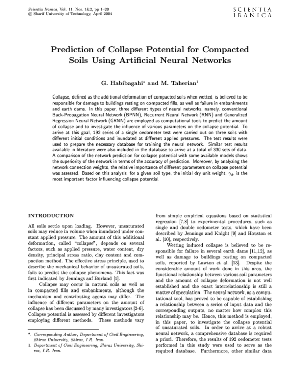 (PDF) Prediction of collapse potential for compacted soils using artificial neural networks