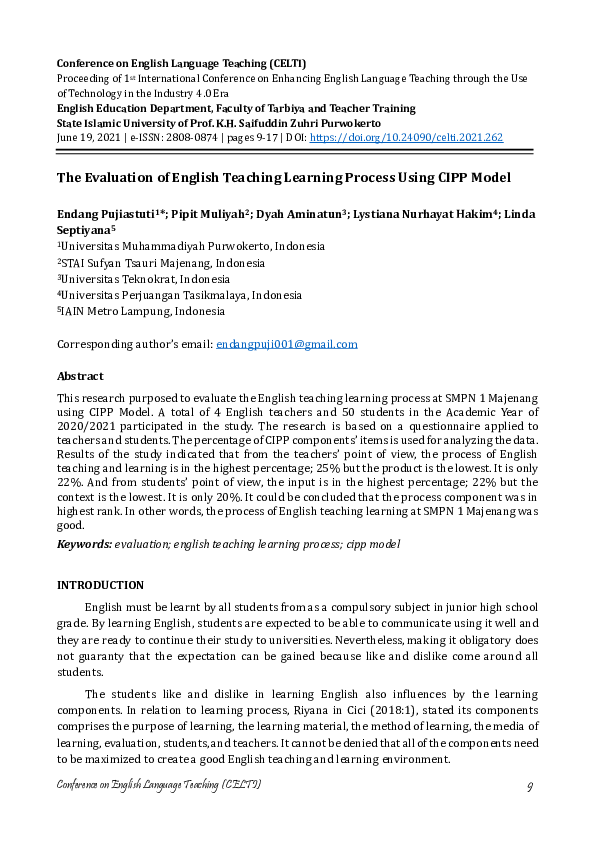 (PDF) The Evaluation of English Teaching Learning Process Using CIPP Model