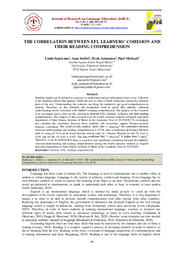 (PDF) THE CORRELATION BETWEEN EFL LEARNERS' COHESION AND THEIR READING COMPREHENSION