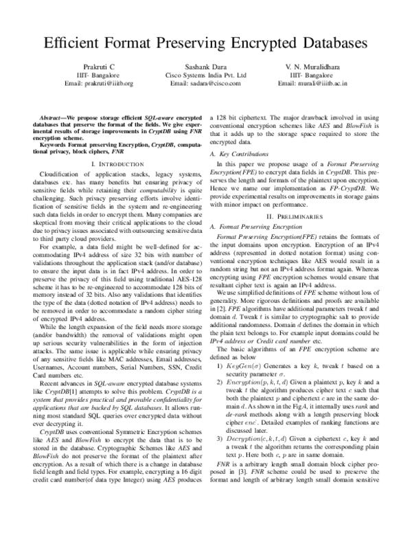 (PDF) Efficient Format Preserving encrypted databases | prakruti chandrashekar - Academia.edu