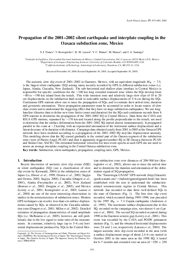 (PDF) Propagation of the 2001–2002 silent earthquake and interplate coupling in the Oaxaca ...