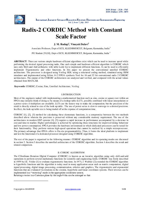 Pdf Radix 2 Cordic Method With Constantscale Factor