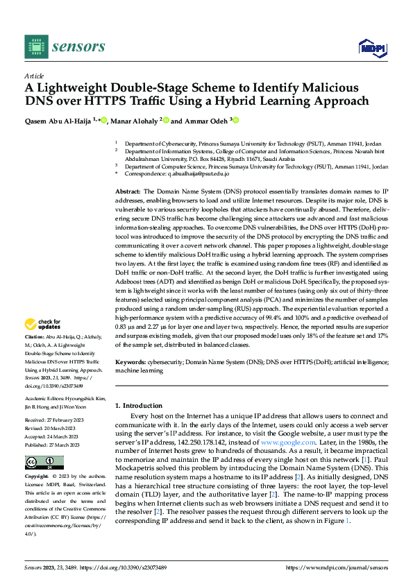 (PDF) A Lightweight Double-Stage Scheme to Identify Malicious DNS over HTTPS Traffic Using a ...