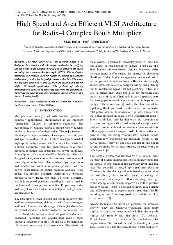 High Speed And Area Efficient Vlsi Architecture For Radix 4 Complex Booth Multiplier