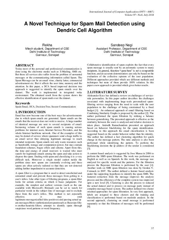 Pdf Spam Detection Using Dendric Cell Algorithm 