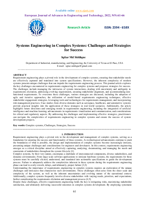 (PDF) Systems Engineering in Complex Systems: Challenges and Strategies ...