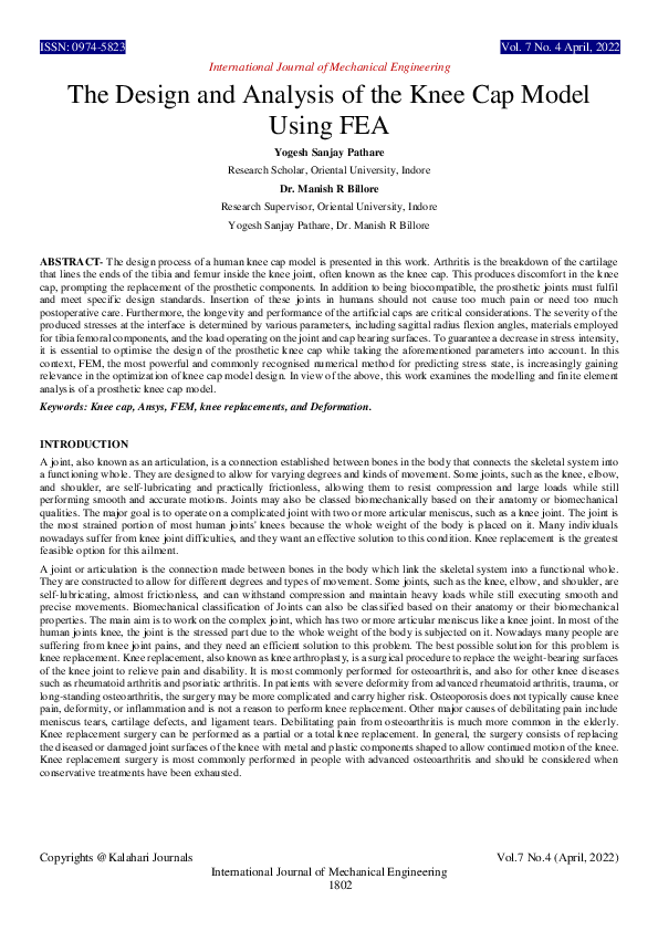 (PDF) The Design and Analysis of the Knee Cap Model Using FEA