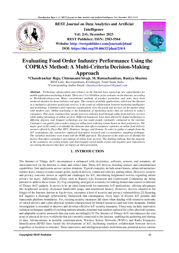 Pdf Evaluating Food Order Industry Performance Using The Copras Method A Multi Criteria