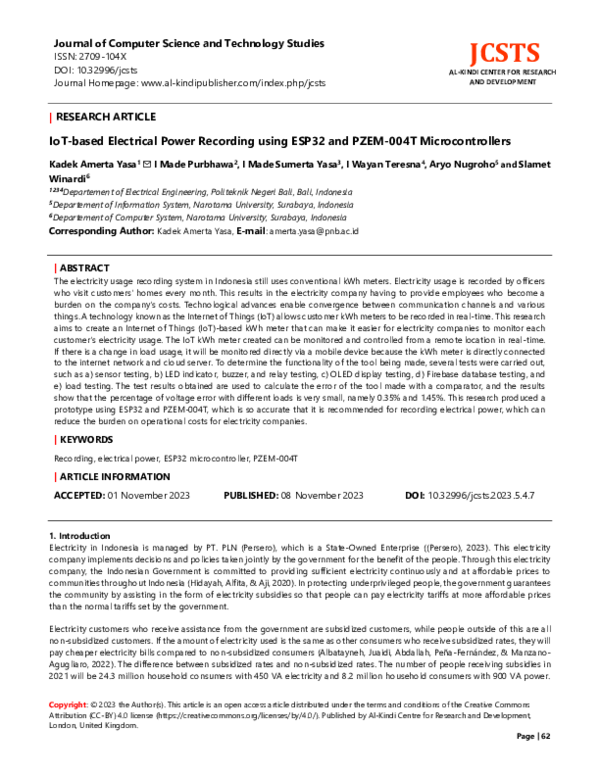 Pdf Iot Based Electrical Power Recording Using Esp32 And Pzem 004t Microcontrollers