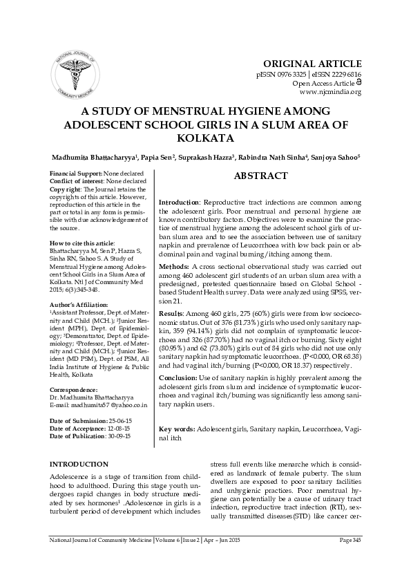 Pdf A Study Of Menstrual Hygiene Among Adolescent School Girls In A