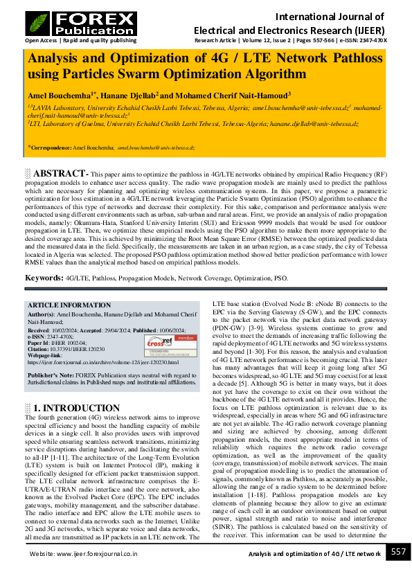(PDF) Analysis and Optimization of 4G / LTE Network Pathloss using Particles Swarm Optimization ...