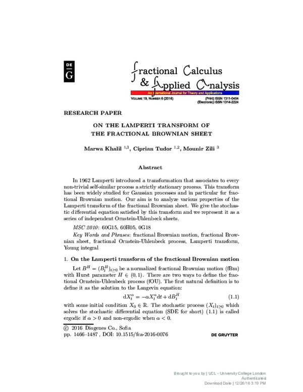 (PDF) On the Lamperti Transform of the Fractional Brownian Sheet